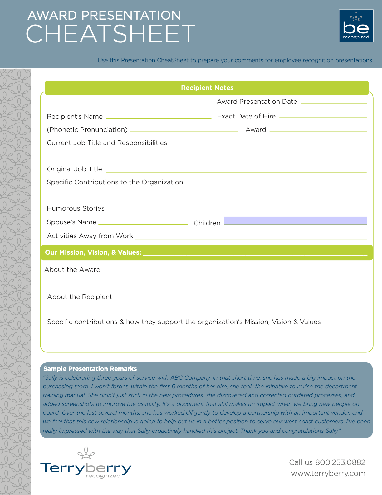 Award Presentation Cheat Sheet - Terryberry
